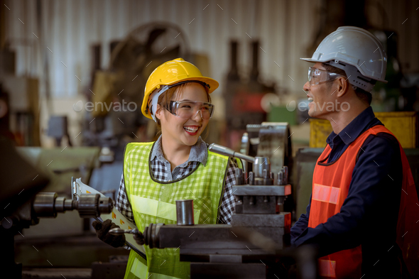 Engineer worker wearing safety uniform control operating computer ...