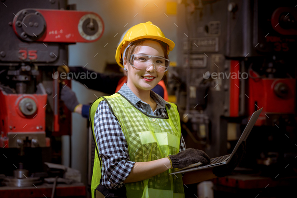 Engineer worker wearing safety uniform control operating computer ...
