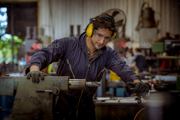 Engineer worker wearing safety uniform control operating computer ...