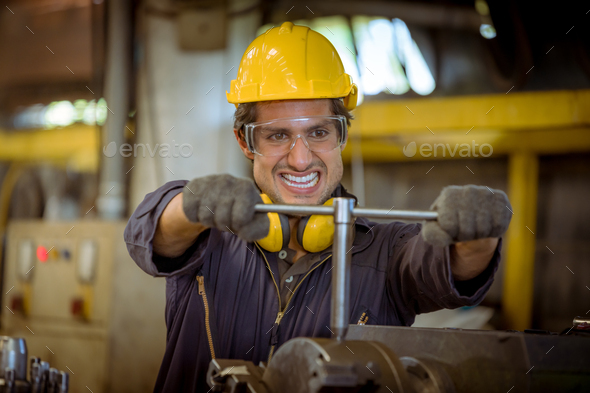 Engineer worker wearing safety uniform control operating computer ...