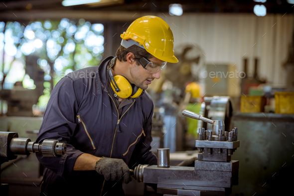 Engineer worker wearing safety uniform control operating computer ...
