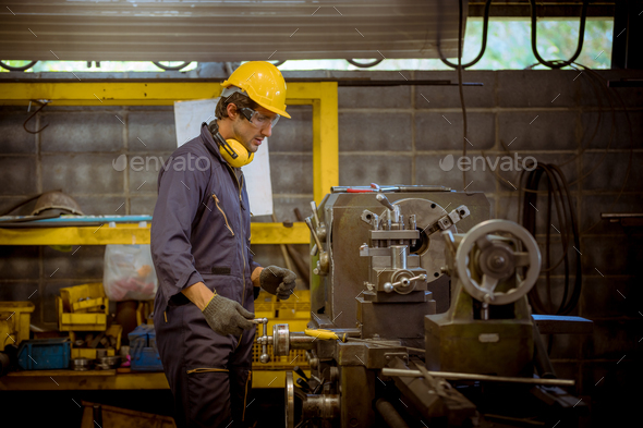 Engineer worker wearing safety uniform control operating computer ...