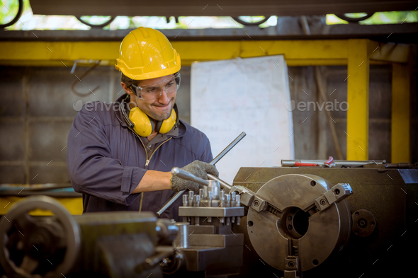 Engineer worker wearing safety uniform control operating computer ...