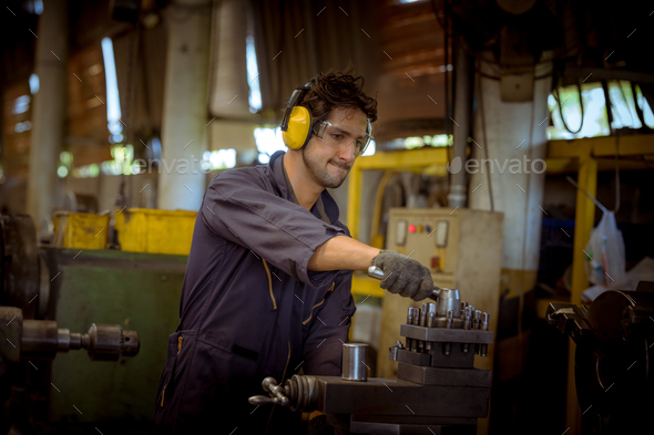 Engineer worker wearing safety uniform control operating computer ...