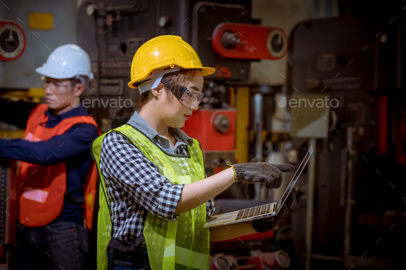 Engineer worker wearing safety uniform control operating computer ...