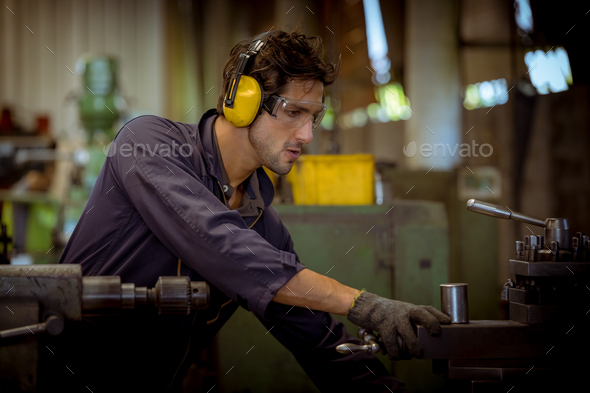 Engineer worker wearing safety uniform control operating computer ...
