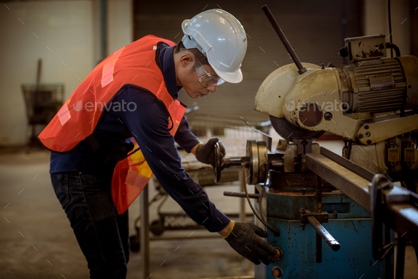 Engineer worker wearing safety uniform control operating computer ...