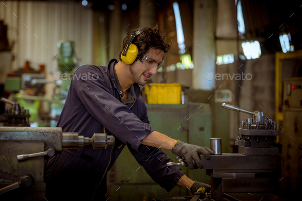 Engineer worker wearing safety uniform control operating computer ...