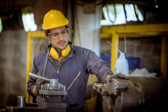 Engineer worker wearing safety uniform control operating computer ...