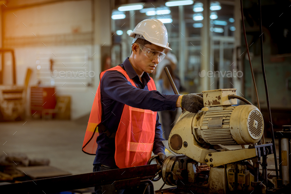 Engineer worker wearing safety uniform control operating computer ...