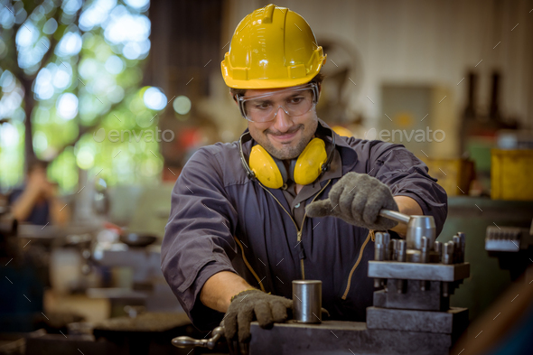 Engineer worker wearing safety uniform control operating computer ...