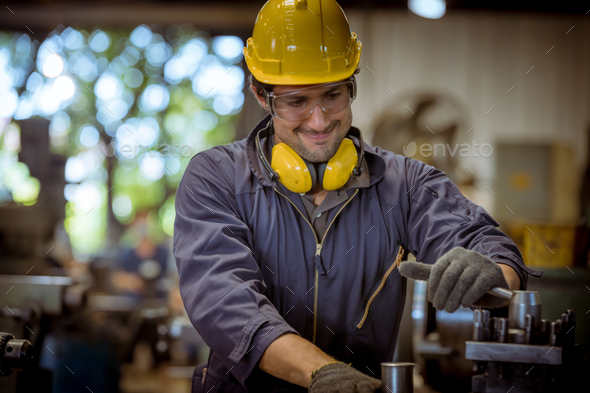 Engineer worker wearing safety uniform control operating computer ...