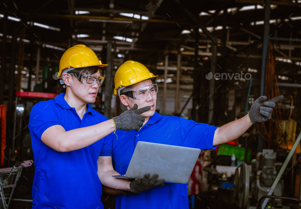 Engineer worker wearing safety uniform control operating computer ...