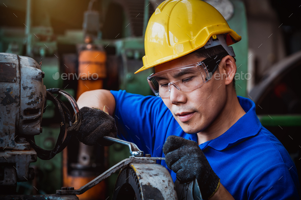 Engineer worker wearing safety uniform control operating computer ...