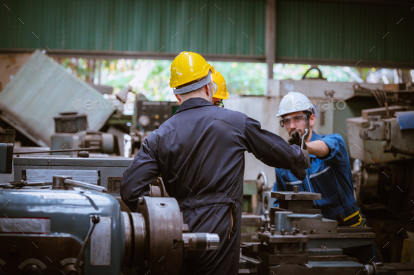 Engineer worker wearing safety uniform control operating computer ...