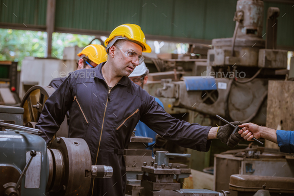 Engineer worker wearing safety uniform control operating computer ...