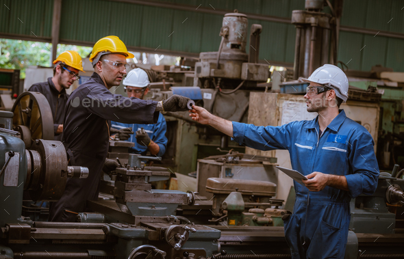 Engineer worker wearing safety uniform control operating computer ...