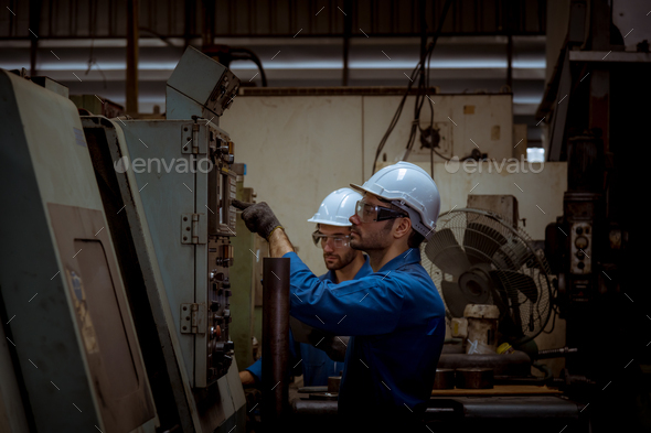 Engineer worker wearing safety uniform control operating computer ...