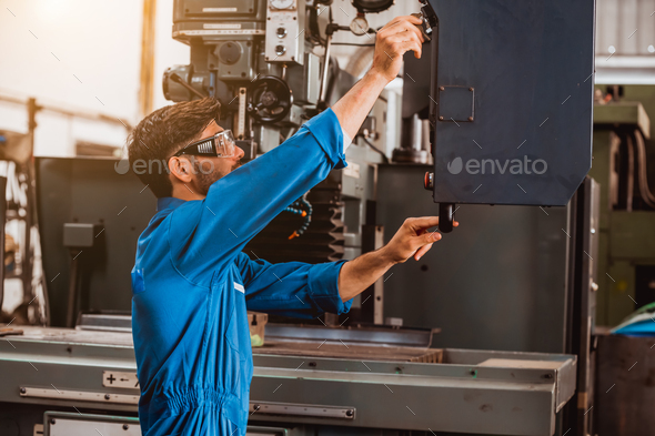 Engineer worker wearing safety uniform control operating computer ...