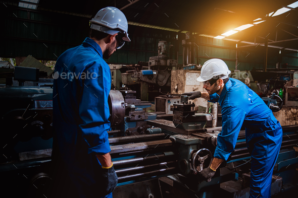 Engineer worker wearing safety uniform control operating computer ...
