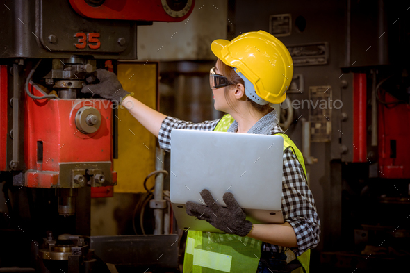 Engineer worker wearing safety uniform control operating computer ...