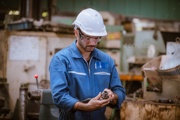 Engineer worker wearing safety uniform control operating computer ...