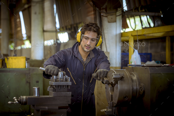 Engineer worker wearing safety uniform control operating computer ...