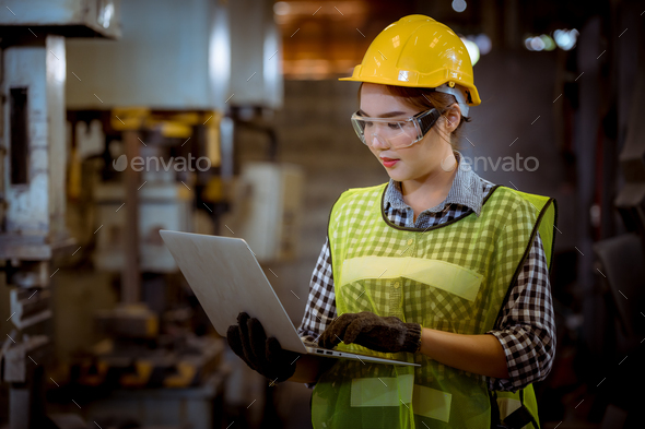 Engineer worker wearing safety uniform control operating computer ...
