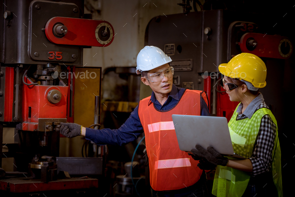 Engineer worker wearing safety uniform control operating computer ...
