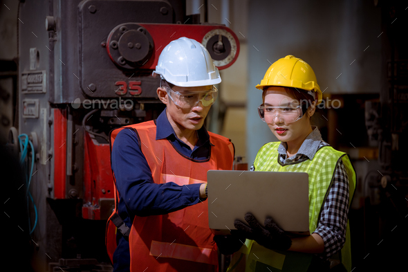 Engineer worker wearing safety uniform control operating computer ...