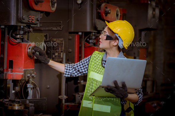Engineer worker wearing safety uniform control operating computer ...