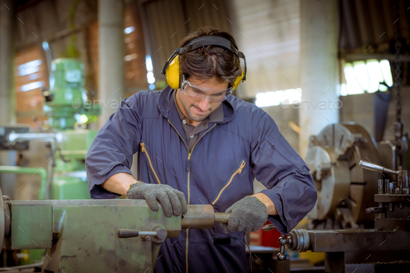 Engineer worker wearing safety uniform control operating computer ...