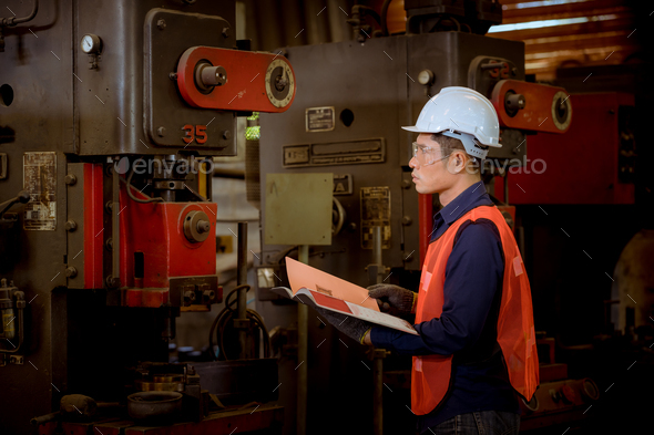 Engineer worker wearing safety uniform control operating computer ...