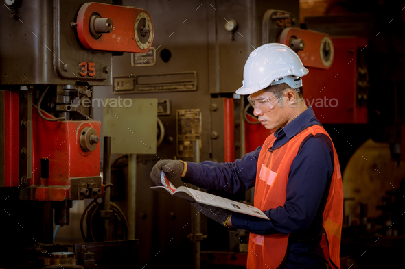 Engineer worker wearing safety uniform control operating computer ...