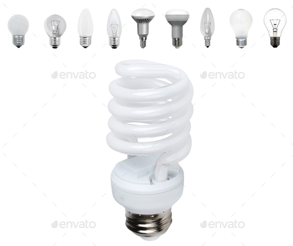 Different old types of bulbs and modern light-bulb Stock Photo by ozaiachin