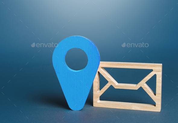 Envelope and blue location symbol. Delivery of correspondence and ...