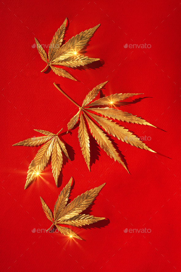 Abstract red christmas background with golden cannabis, marijuana ...