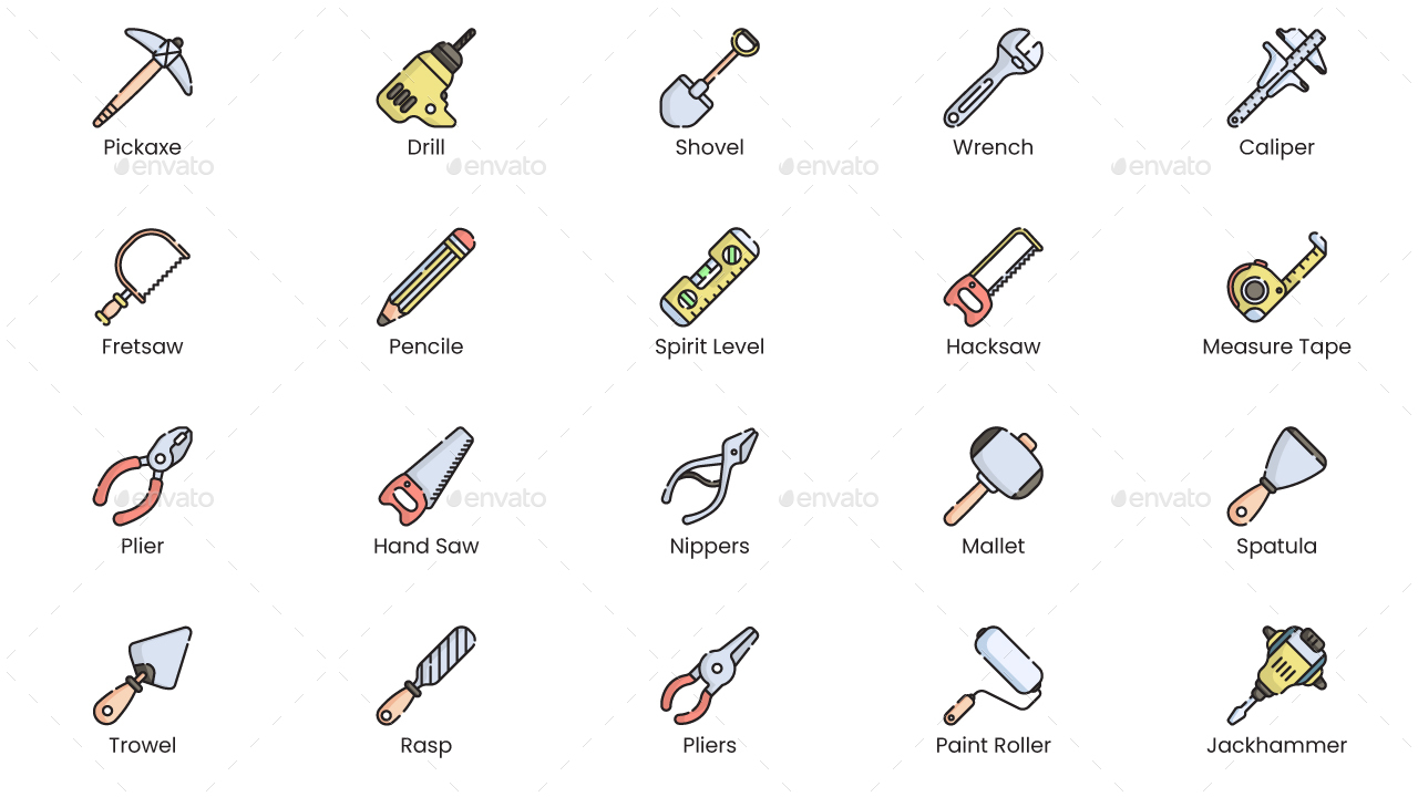 Construction Tools Flat Outline Icons, Icons | GraphicRiver