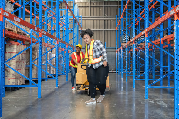 Diverse overweight worker in warehouse hold check sheet pull manual ...