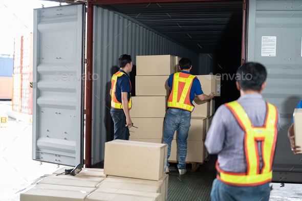 Workers open steel 40 feet container doors carry box supervisor ...