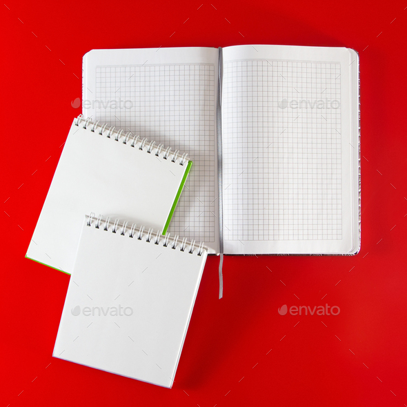 Minimalistic layout for design. Office supplies - notebooks and pens on ...