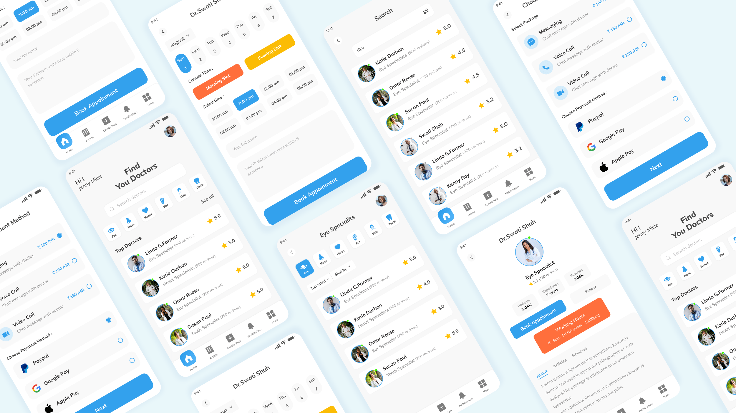 Doctor booking with time slot flutter 3.X app UI template by FreakTemplate