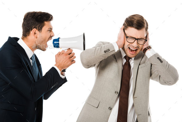 angry boss shouting with loudspeaker at scared employee isolated on ...