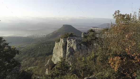 View from the cliff on a mountain, mountain, above the clouds. Shot ...
