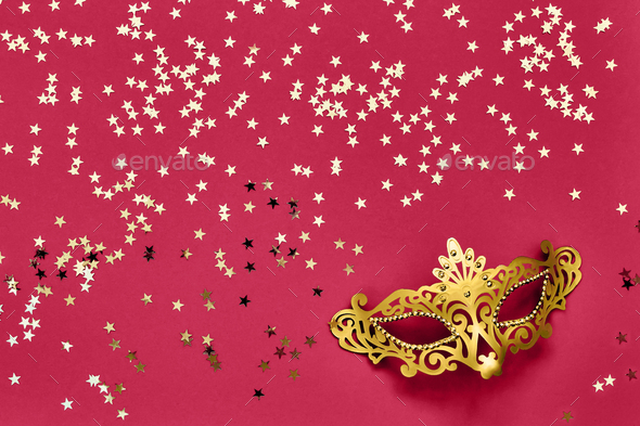 Golden carnival mask and golden stars on red viva magenta background ...