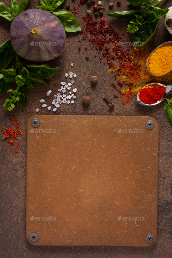 Variety of spices and herbs at table background. Cooking concept and ...