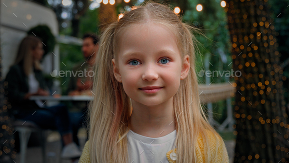 Portrait small little kid 10s girl child baby Caucasian schoolgirl ...