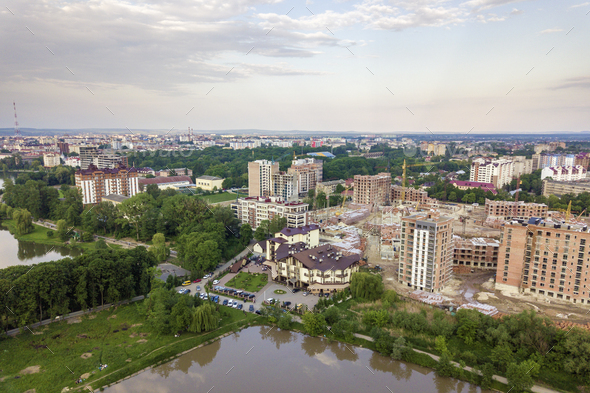 Top view of urban developing city landscape with tall apartment ...