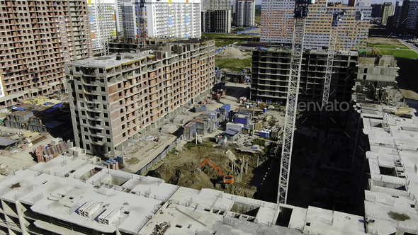 Top view of construction site of modern multi-storey building. Motion ...