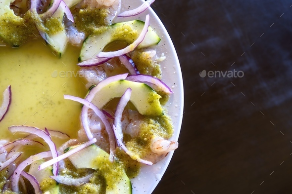 Aguachile, Mexican spicy marinated seafood dish with shrimp Stock Photo ...